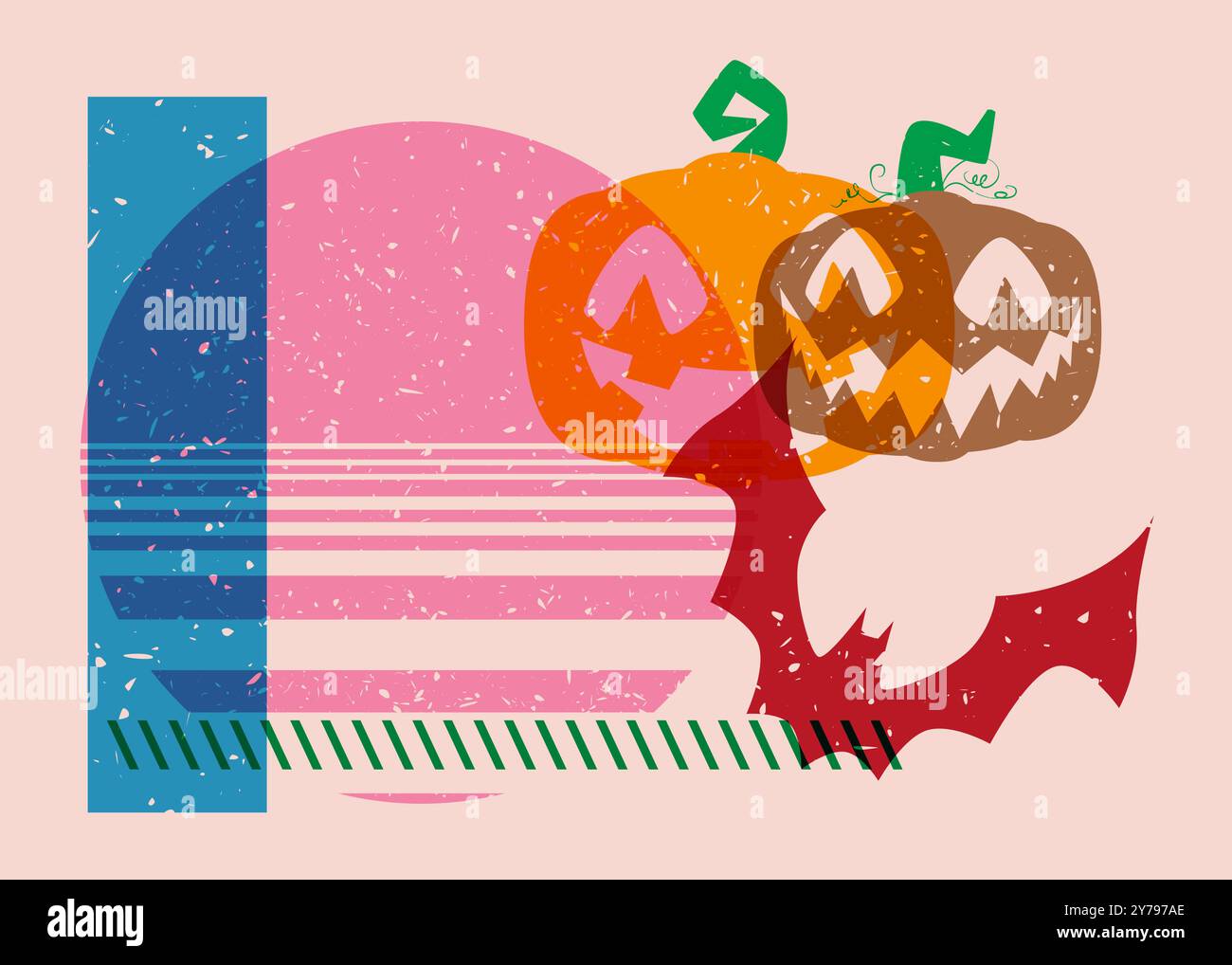 Risograph Jack O' Lantern and bat with geometric shapes. Halloween ...