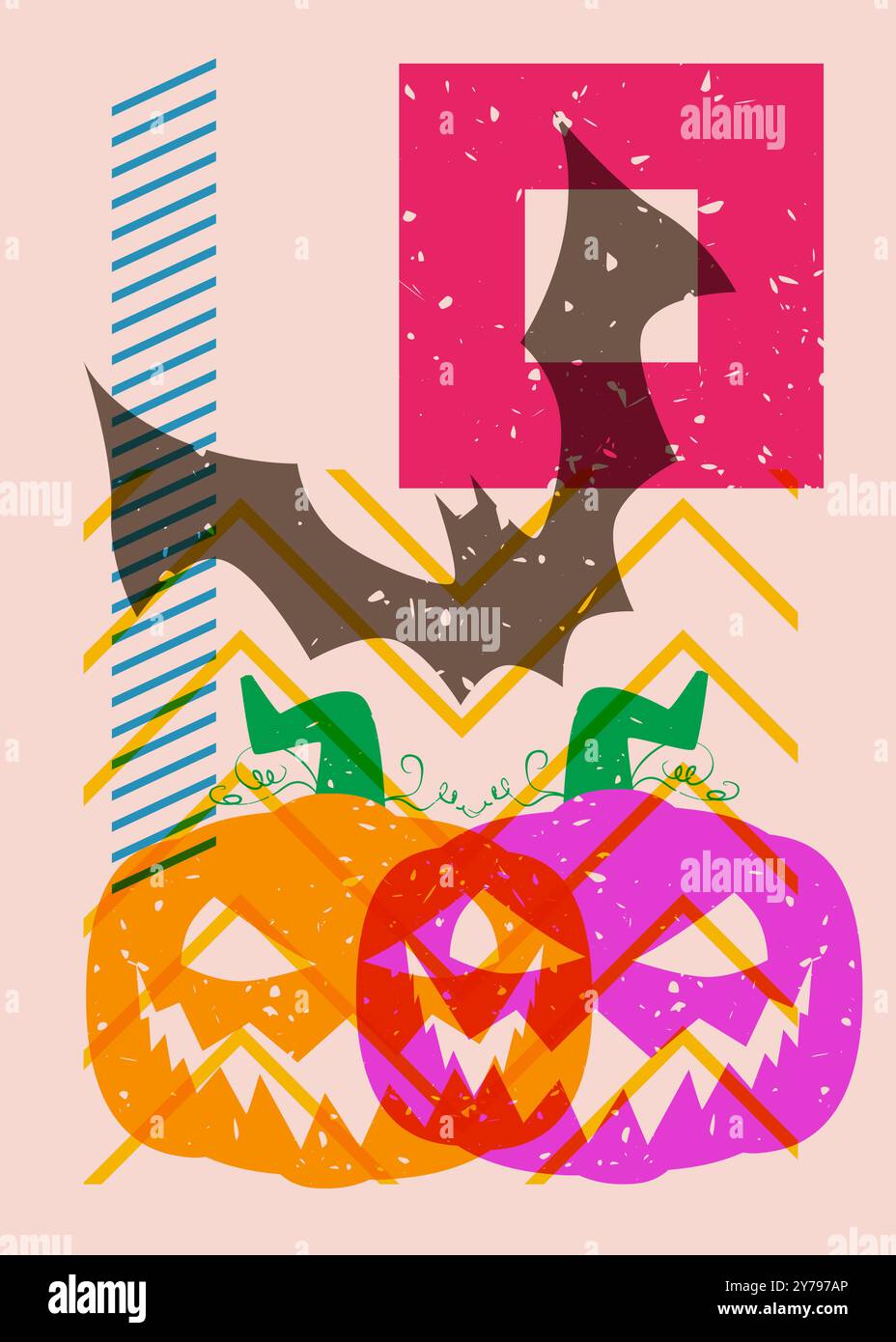 Risograph Jack O' Lantern and bat with geometric shapes. Halloween ...