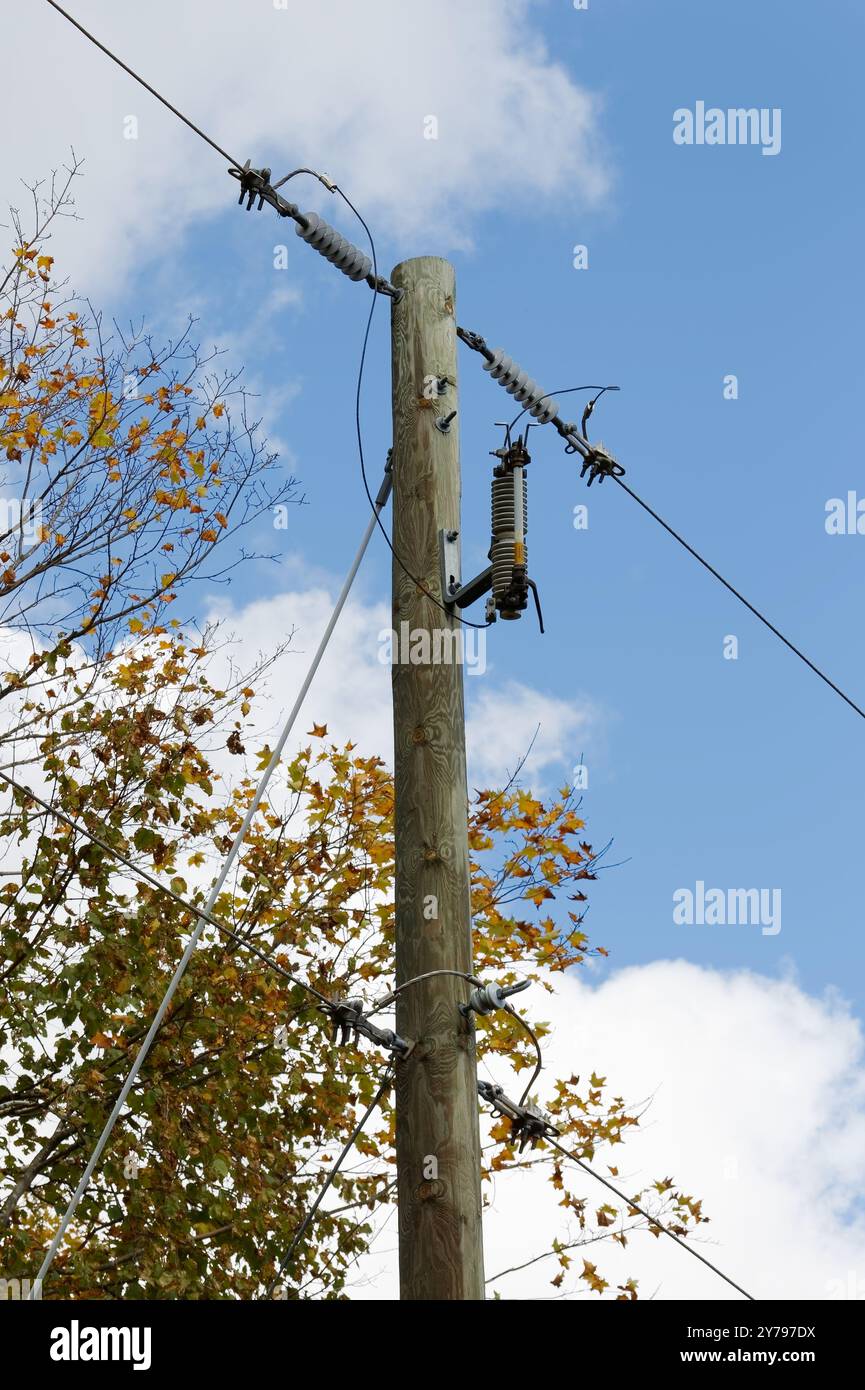 Wooden utility electric pole with porcelain insulators. Quebec,Canada ...