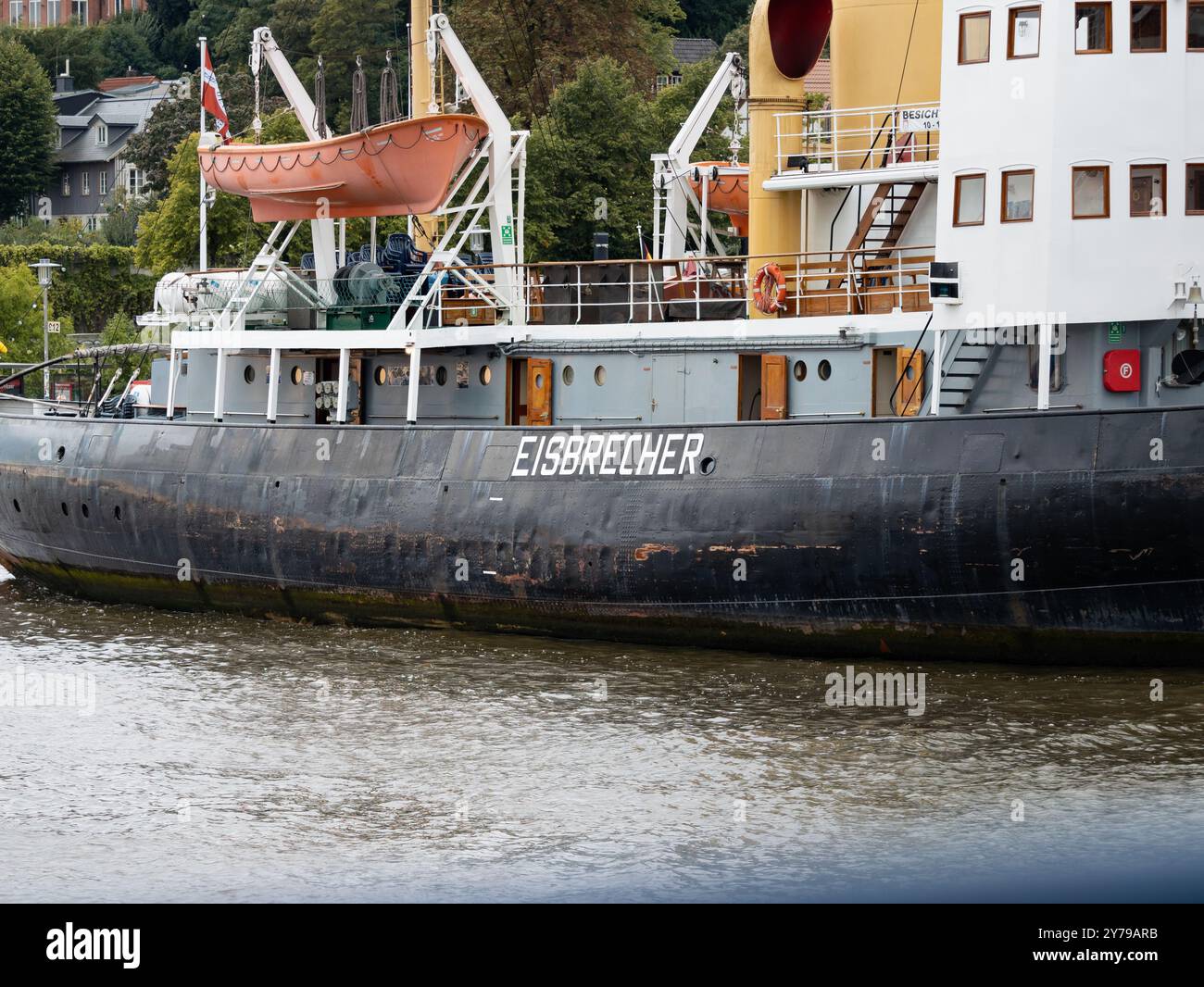 Eisbrecher (icebreaker) label on a boat. Nautical vessel to destroy ice ...