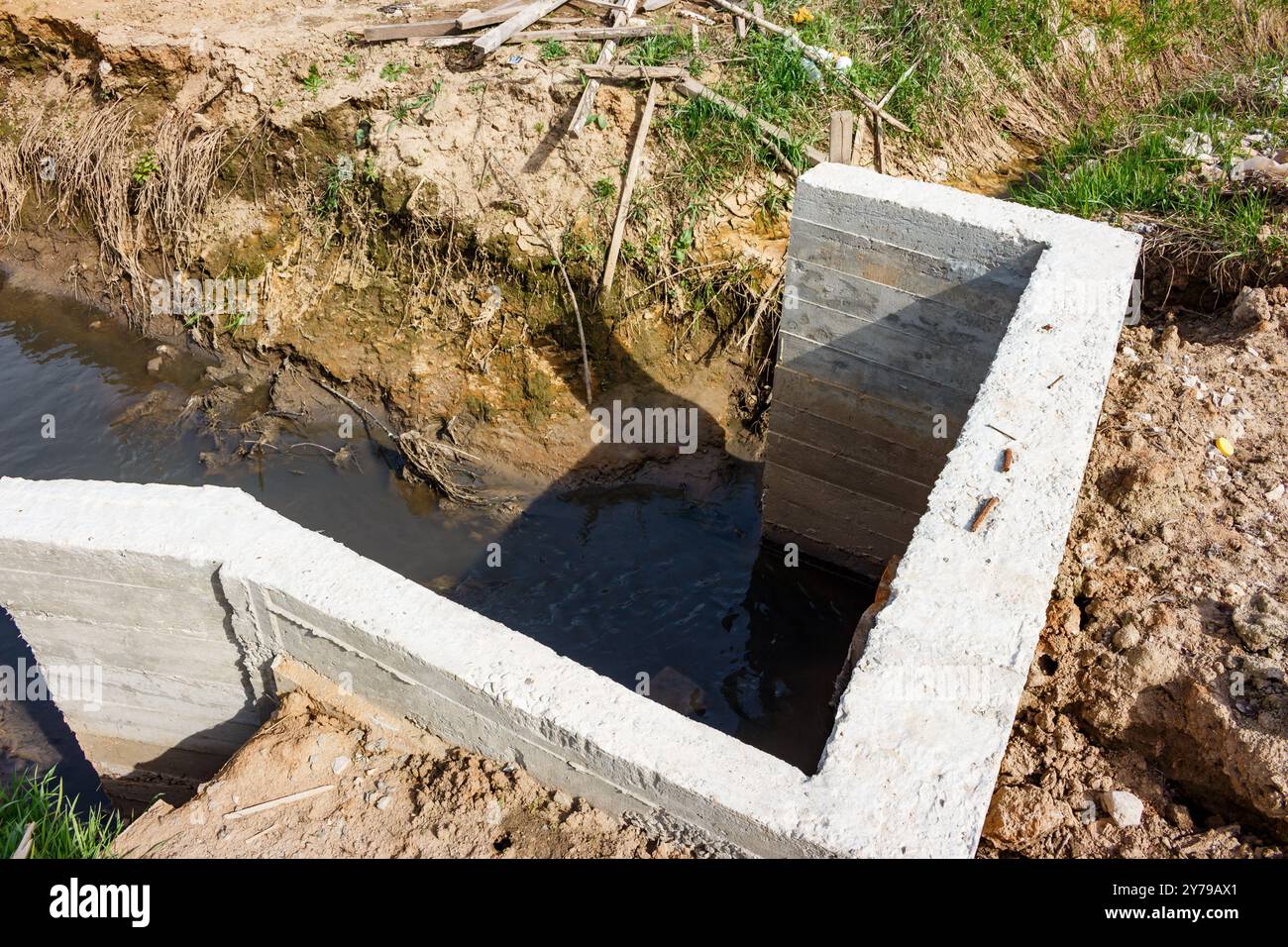 Concrete walls of a culvert for a stream flowing under a road Stock ...