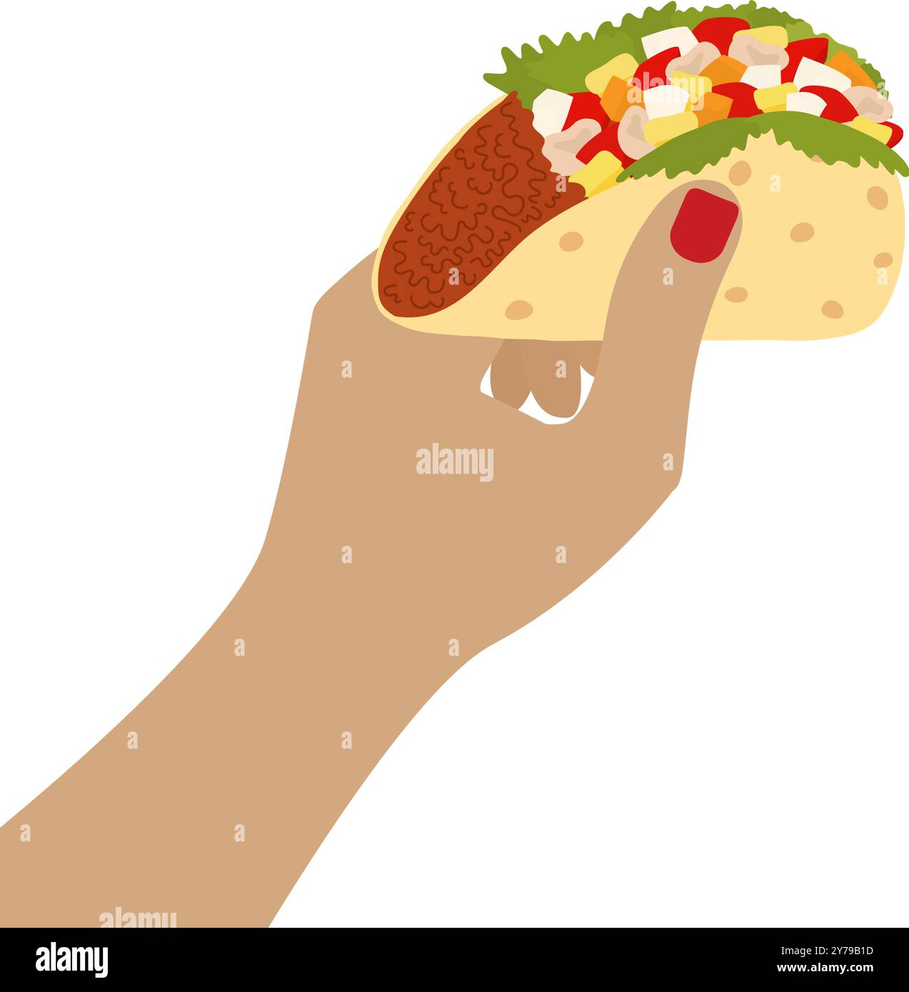 Female hand hold tacos Traditional Mexican fast food in hand. Tacos Day ...