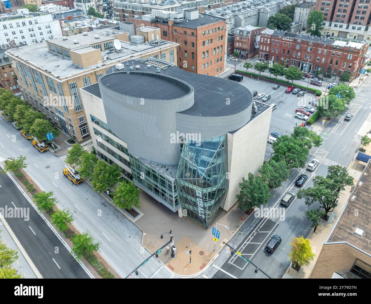 Aerial view of University of Baltimore student center with oval roof ...