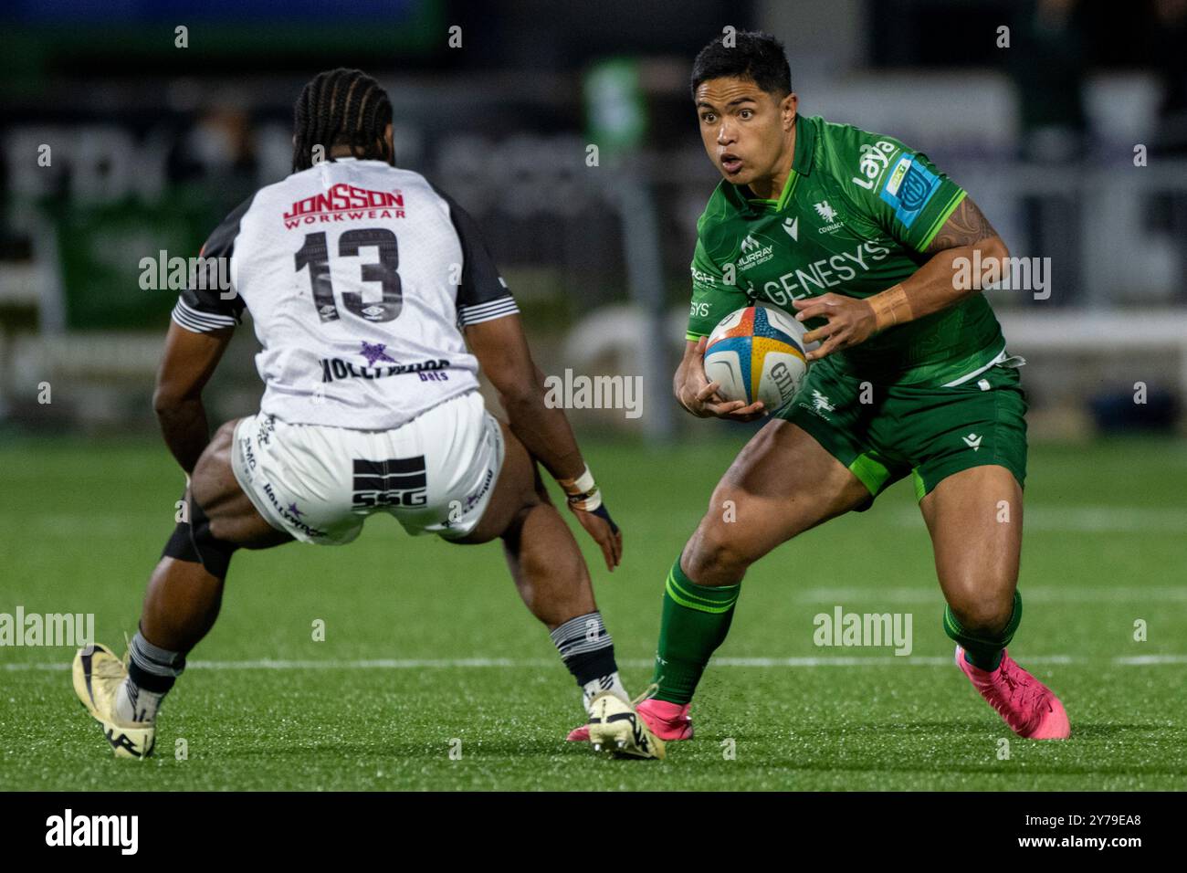Galway, Ireland. 29th Sep, 2024. Josh Ioane of Connacht and Jurenzo ...