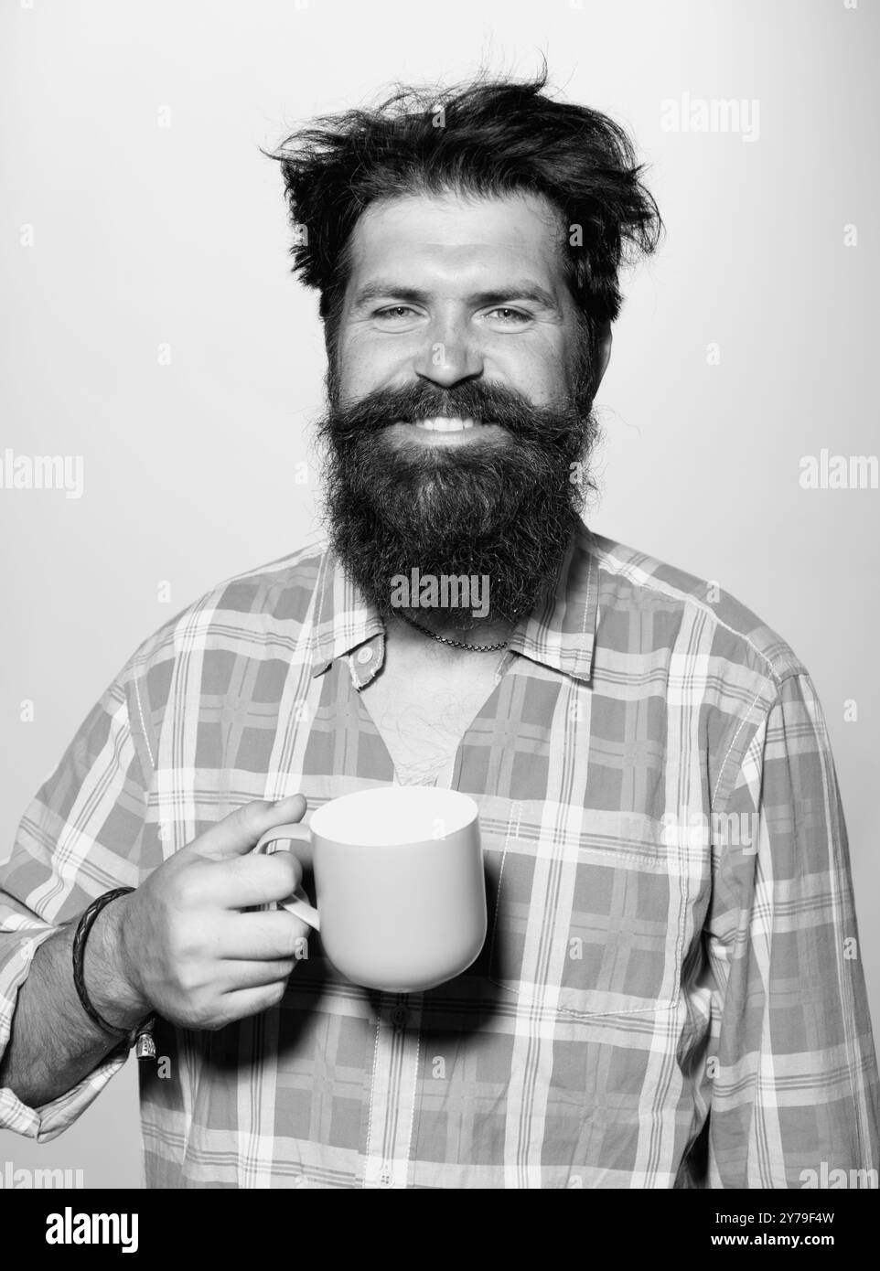 Happy morning. Smiling man holds cup of coffee. Morning tea. Good ...