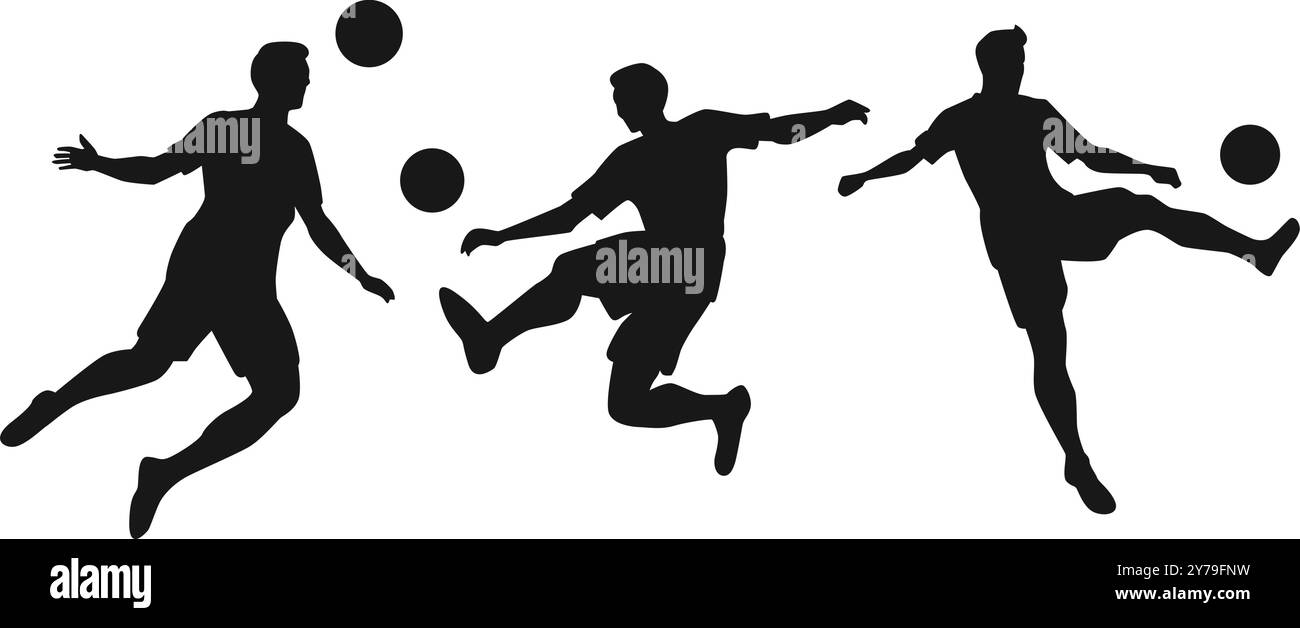 First touch and heading position playing soccer silhouette set Stock ...