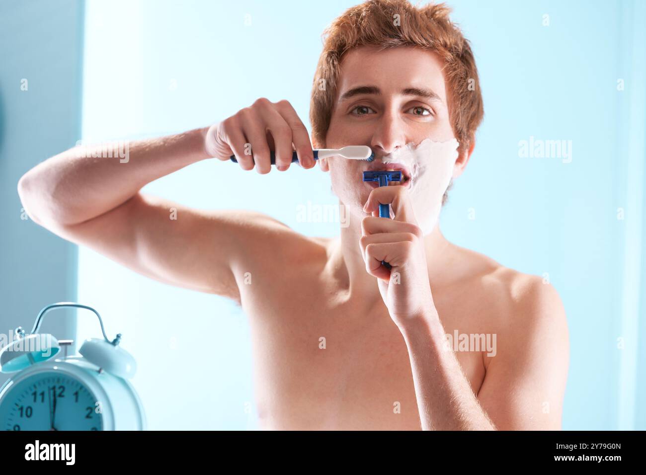 Caught in a morning rush, sleepy man ends up brushing his face and ...