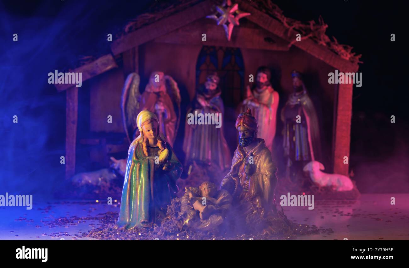 Christmas Jesus in crib. Christmas nativity scene of born Jesus Christ ...