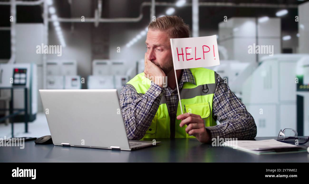 Workload Overload And Help Flag. Worker At Chip Assembly Semiconductor ...
