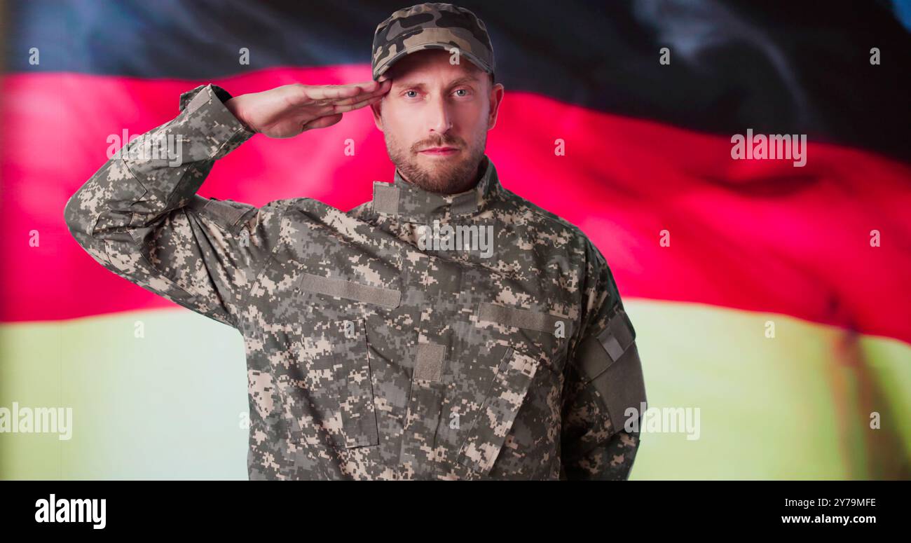 Portrait Of German Soldier Saluting In Front Of Flag Stock Photo - Alamy
