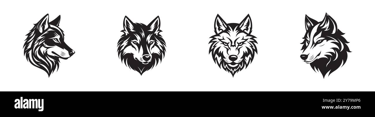 Set of wolf head illustrations in black and white isolated on white ...