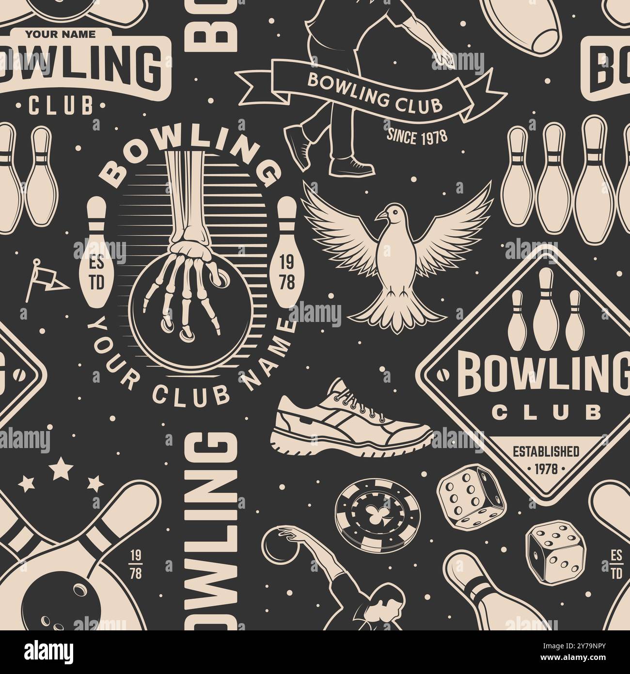 Bowling sports club seamless pattern. Vector illustration. Vintage ...