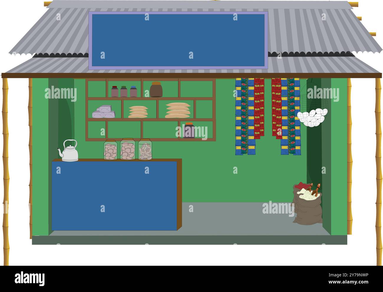 Indian village tea stall with grocery products isolated on white ...