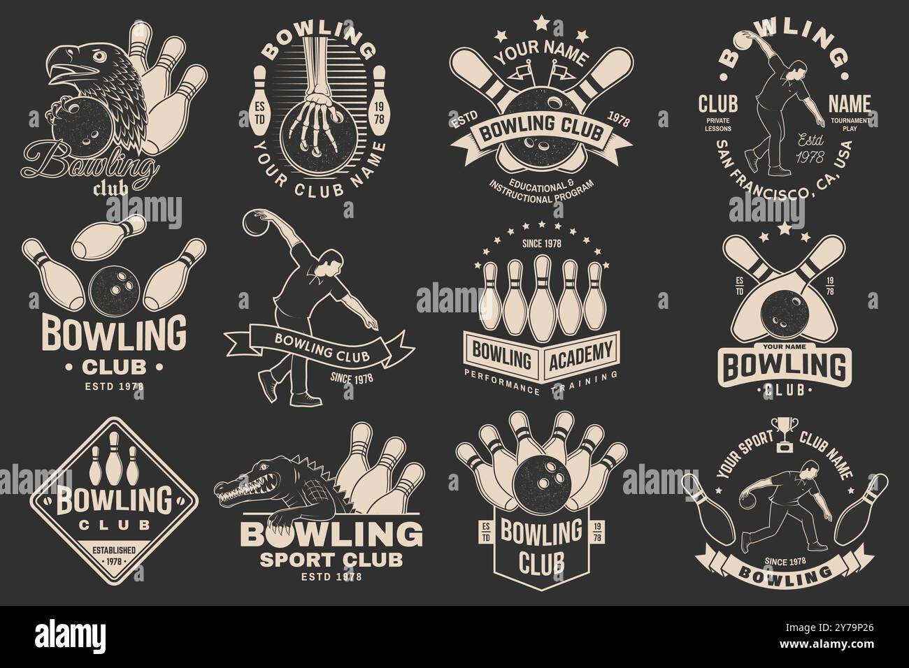 Set of Bowling sports club logo, badge design. Vintage design with ...