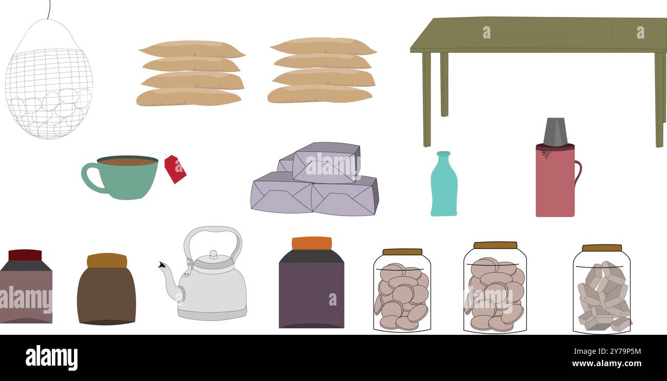 Set of elements for tea stall. Tea stall Elements collection. Tea stall ...