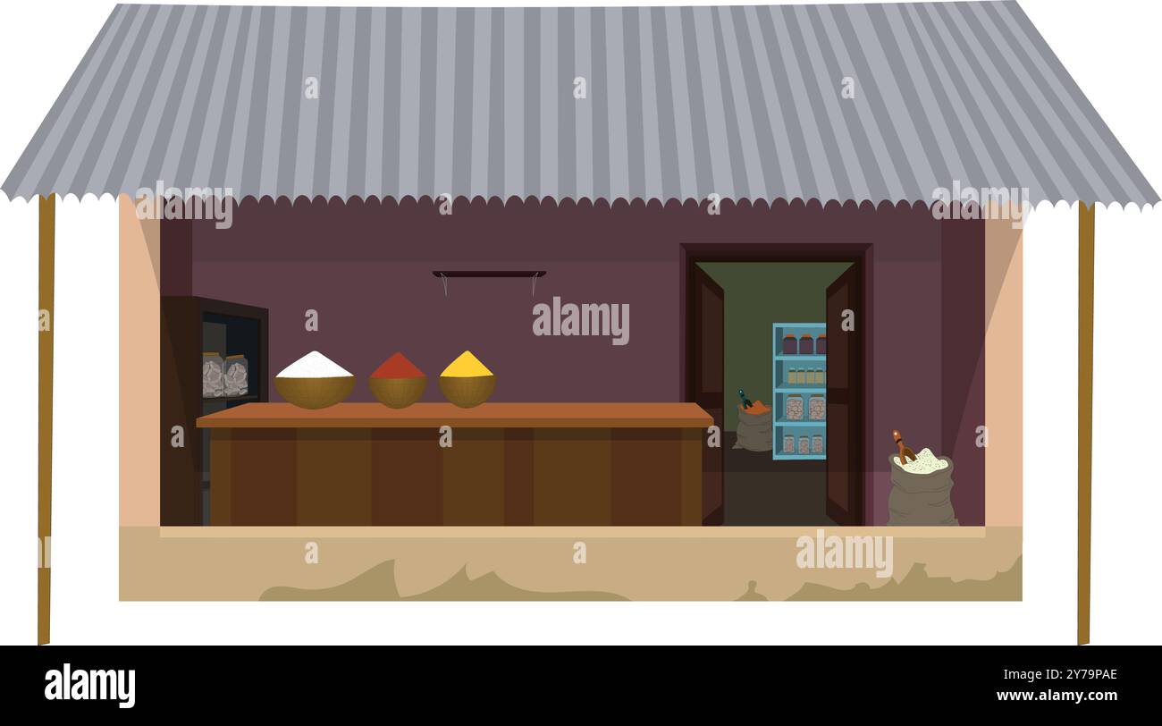 Village grocery shop isolated with white background. Indian store ...