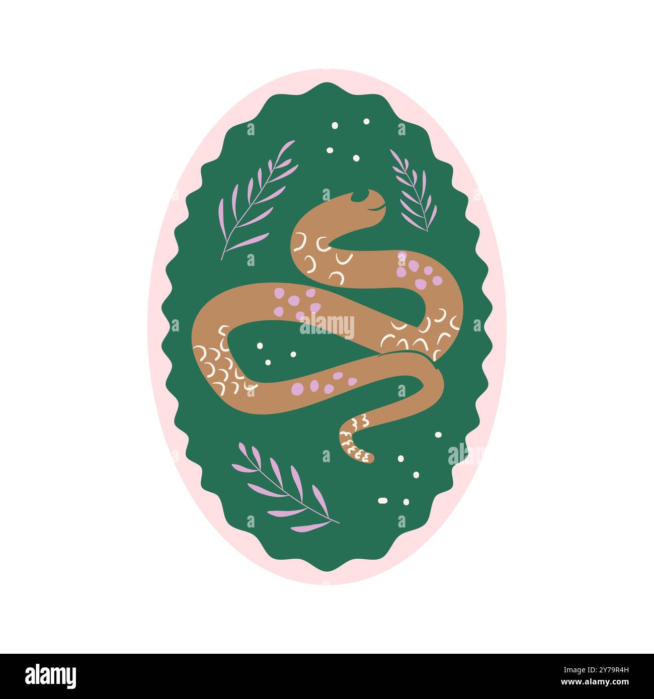Oval stamp with snake and leaves. Reptile animal circular sticker ...