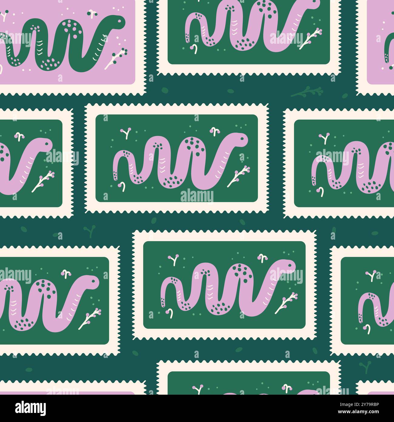 Snakes post stamps seamless pattern. Vector hand drawn pink and dark ...