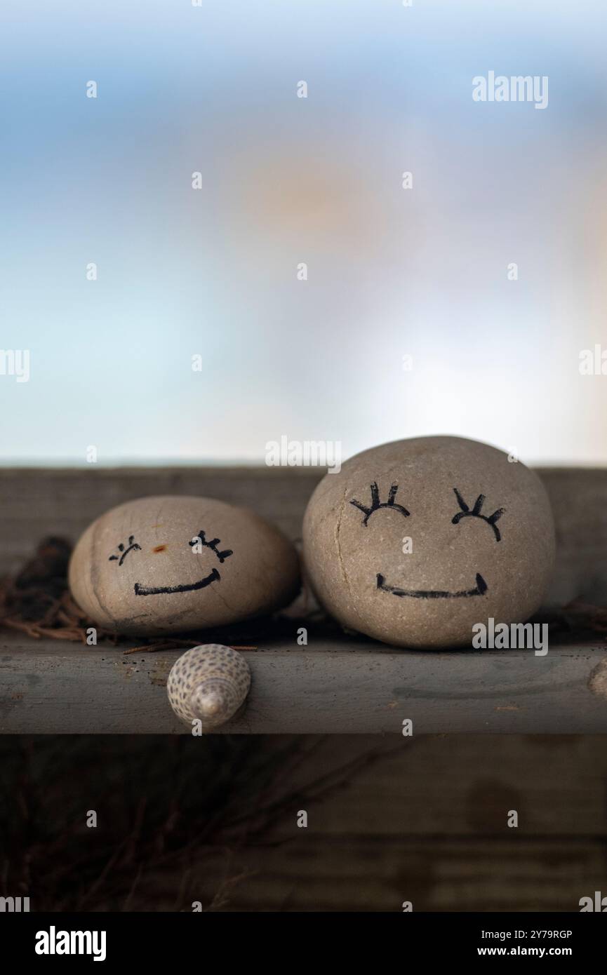 two pebbles from a beach placed on a shelf and painted with happy ...