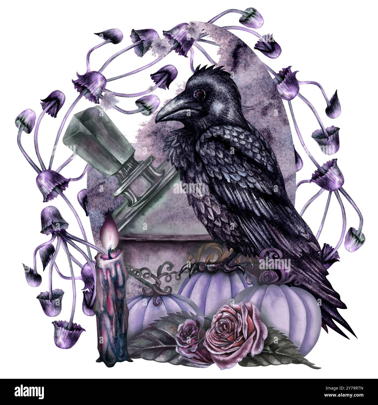 A black raven with a candle, green bottle roses on a pumpkin with ...