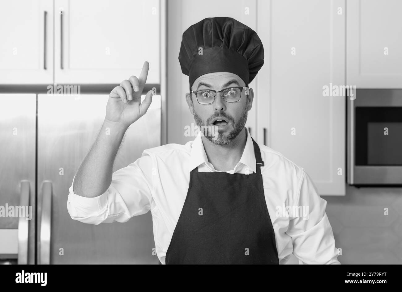 Idea for food. Man chef cooker baker. Millennial male chef in chefs ...