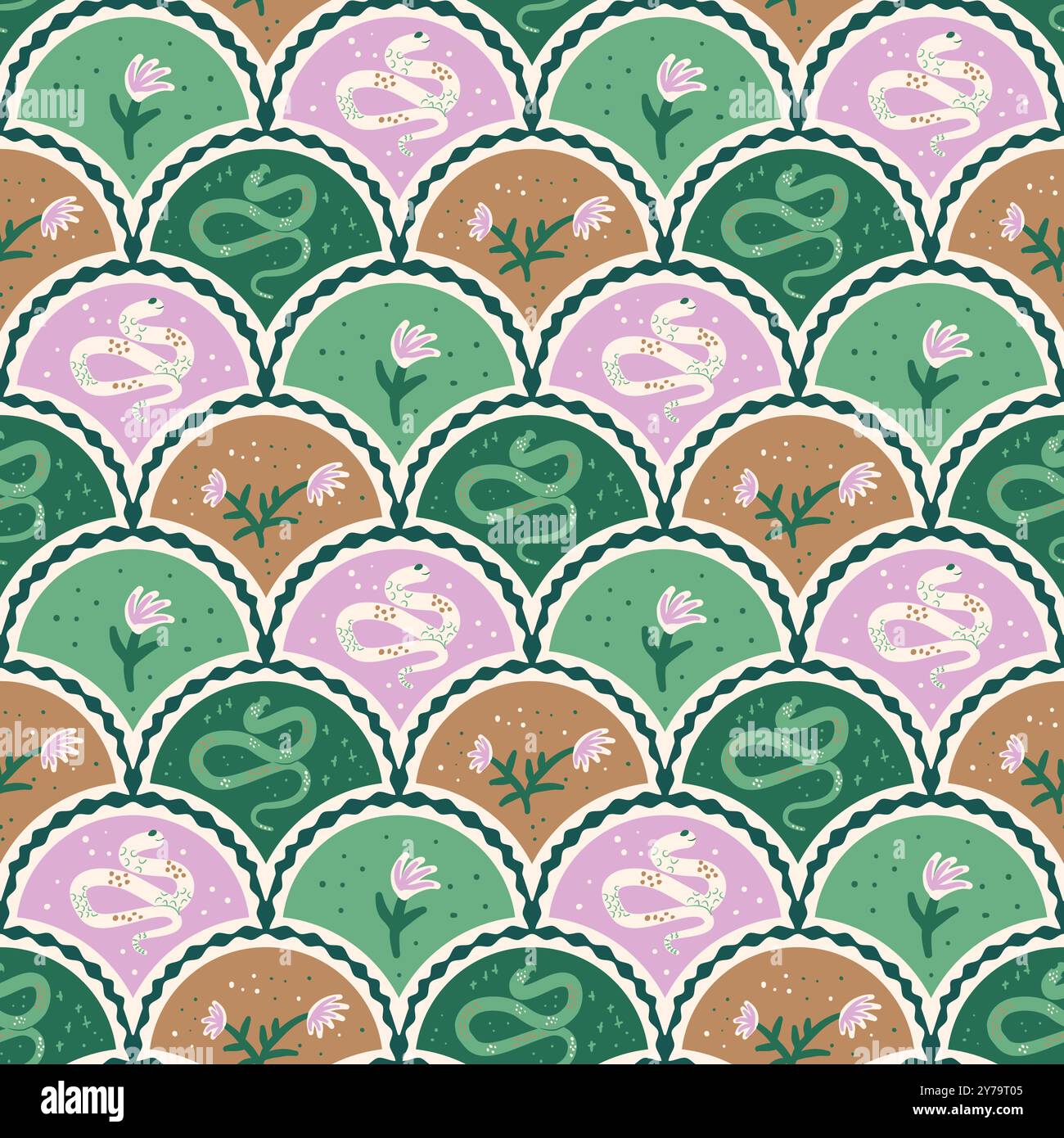 Snakes scallop seamless pattern. Reptiles and flowers arch repeat ...