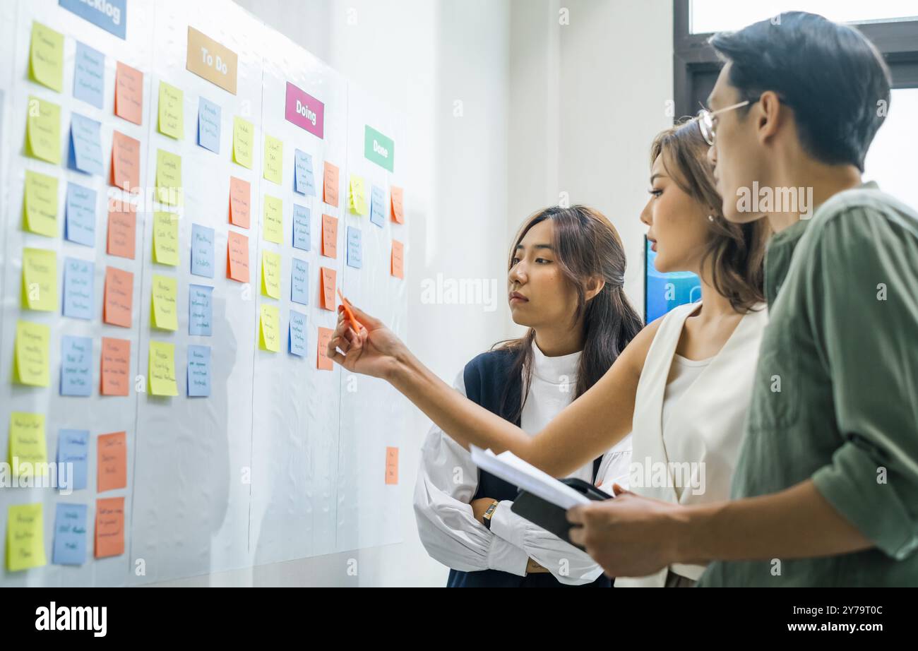 brainstorming session, using sticky notes on a task board (kanban) to ...