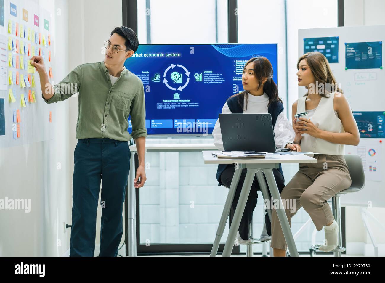 brainstorming session, using sticky notes on a task board (kanban) to ...