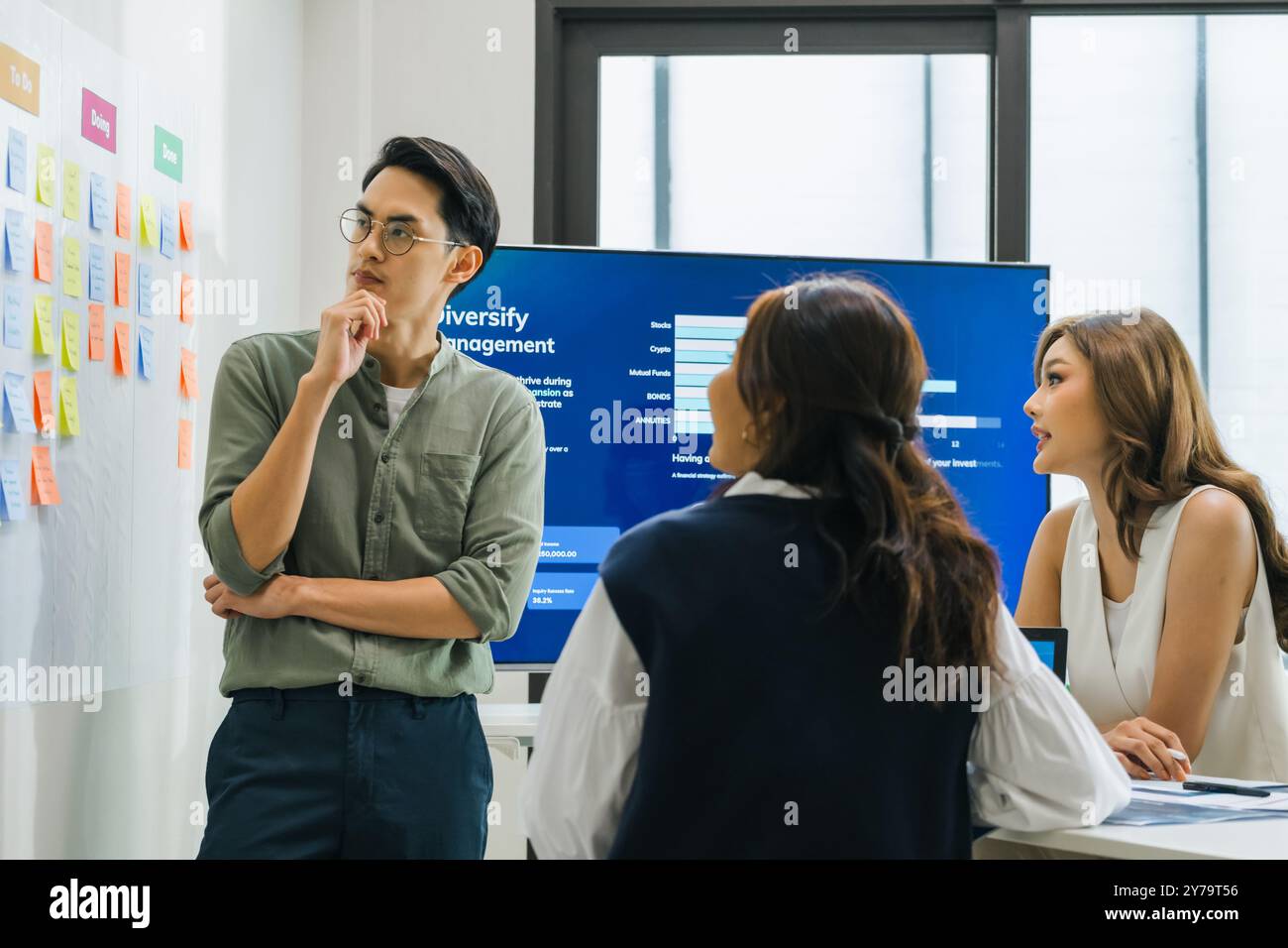 Brainstorming Session Using Sticky Notes On A Task Board Kanban To Organize Ideas And