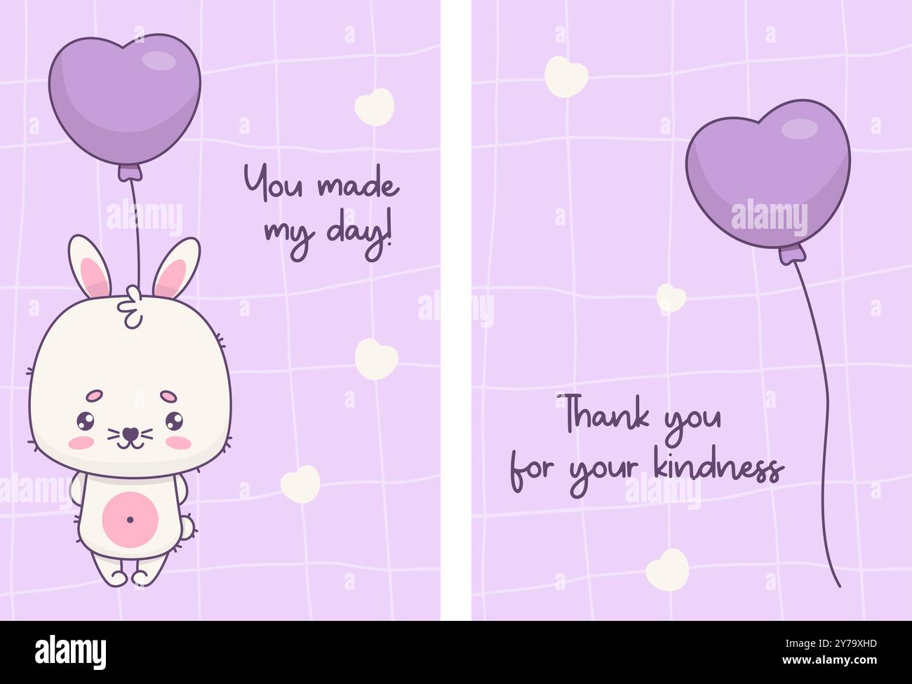 Thank You cards. Cute bunny with balloon on purple checkered background ...