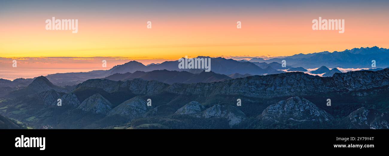 A wide 3:1 panoramic view of a sunrise as seen from Mirador del Fitu ...