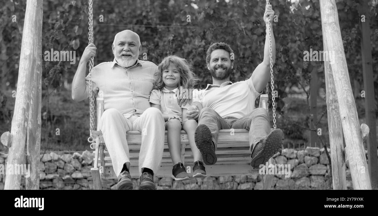Grandfather, father and grandson child, spring banner. Men family ...