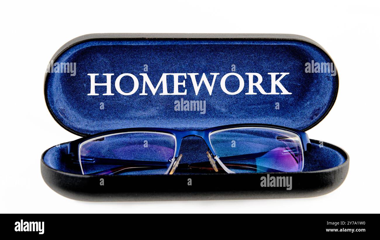 Word homework on glasses hi-res stock photography and images - Alamy