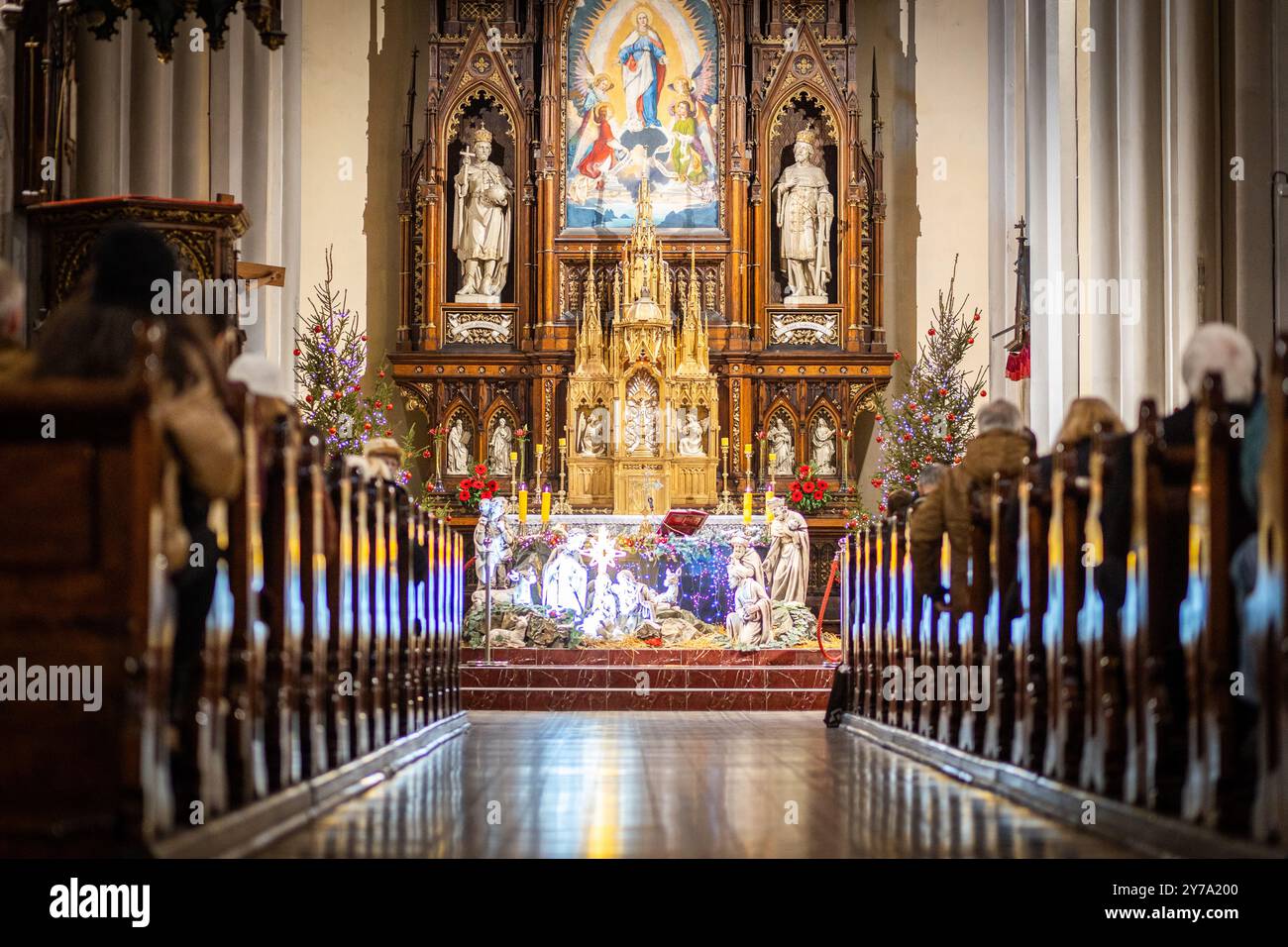 Church altar during Christmas Mass with The Nativity scene. The ...