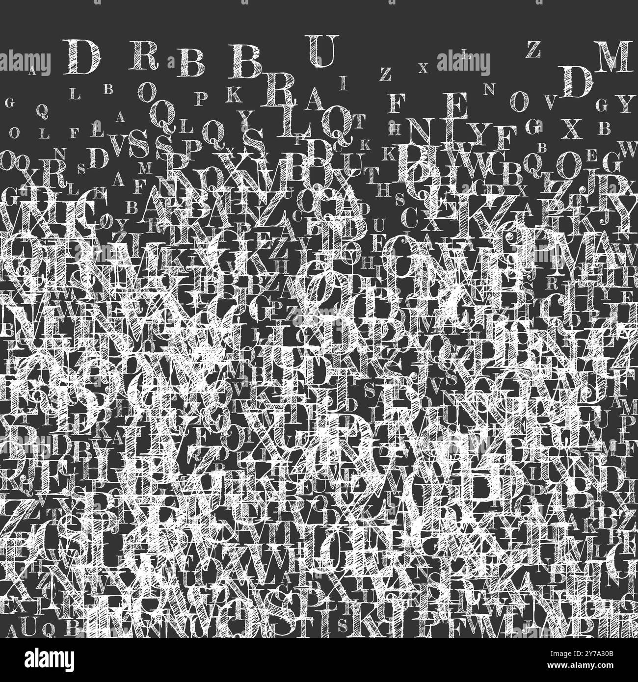 School notebook cover. White chalk floating letters of Latin alphabet ...