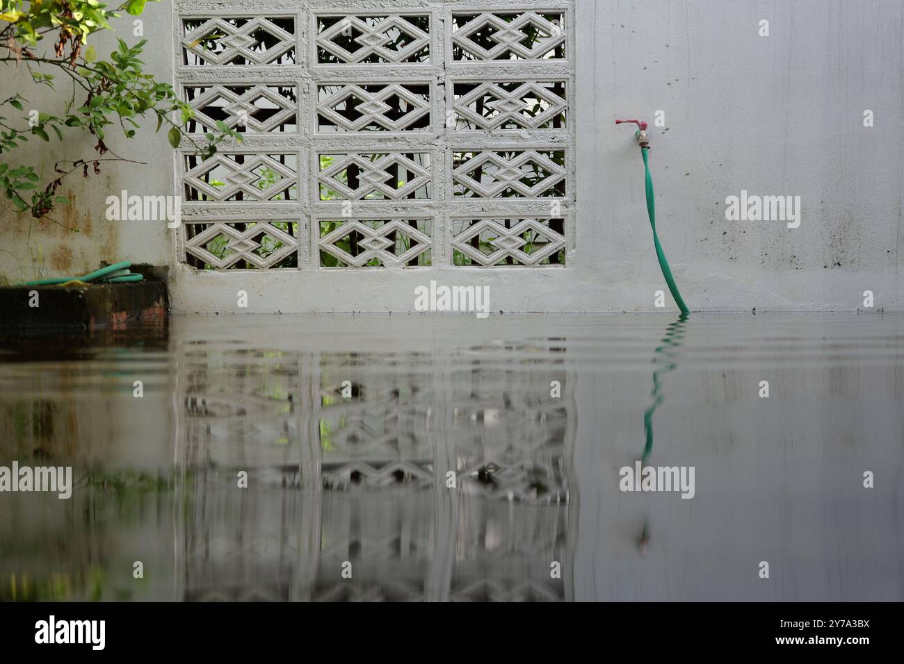High flood level have submerged the house fence or wall, with sitting ...