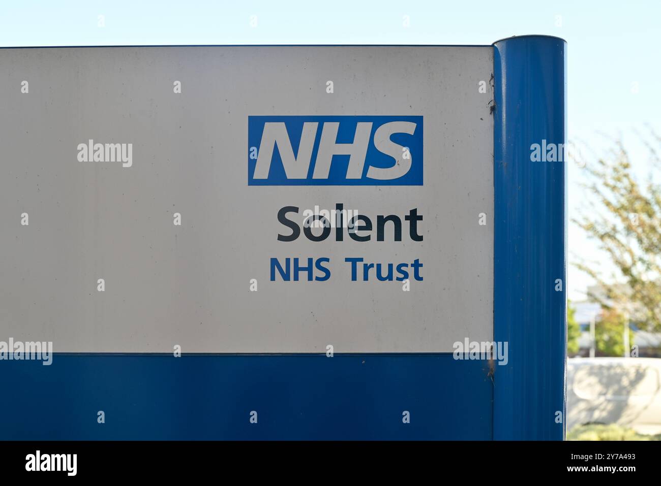 Outdoor blue and white sign for the Solent NHS Trust. September 2024 ...