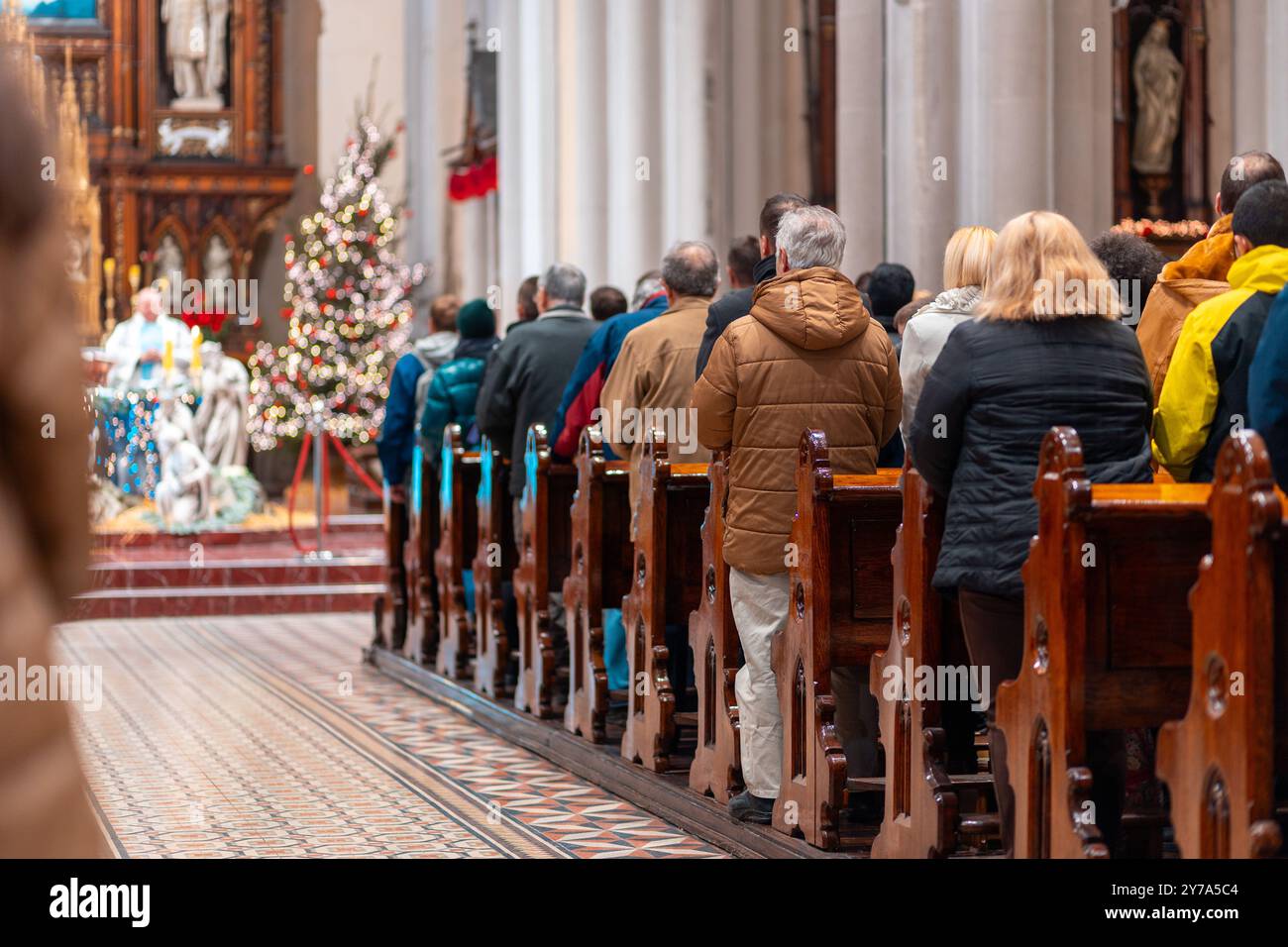 Church altar during Christmas Mass with The Nativity scene. Back view ...