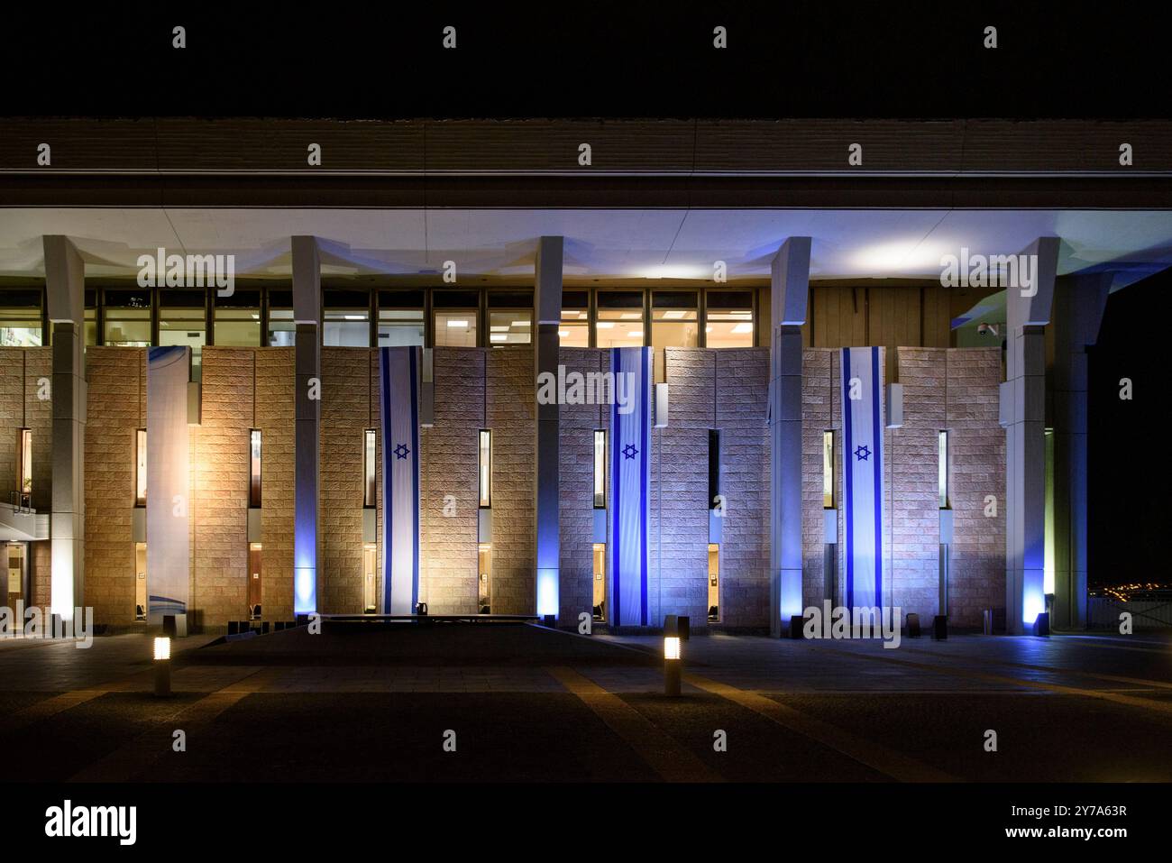 Nighttime, exterior view of the Knesset, Israel's house of parliament ...