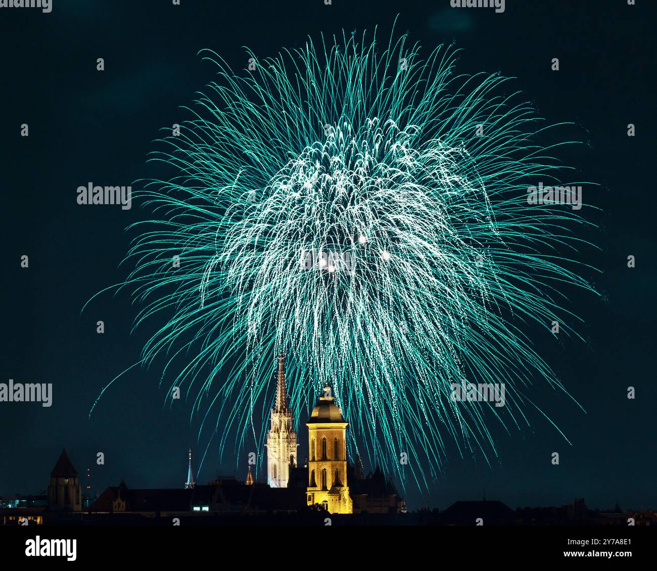 Amazing fireworks over the city of Budapest. The Buda Castle district ...