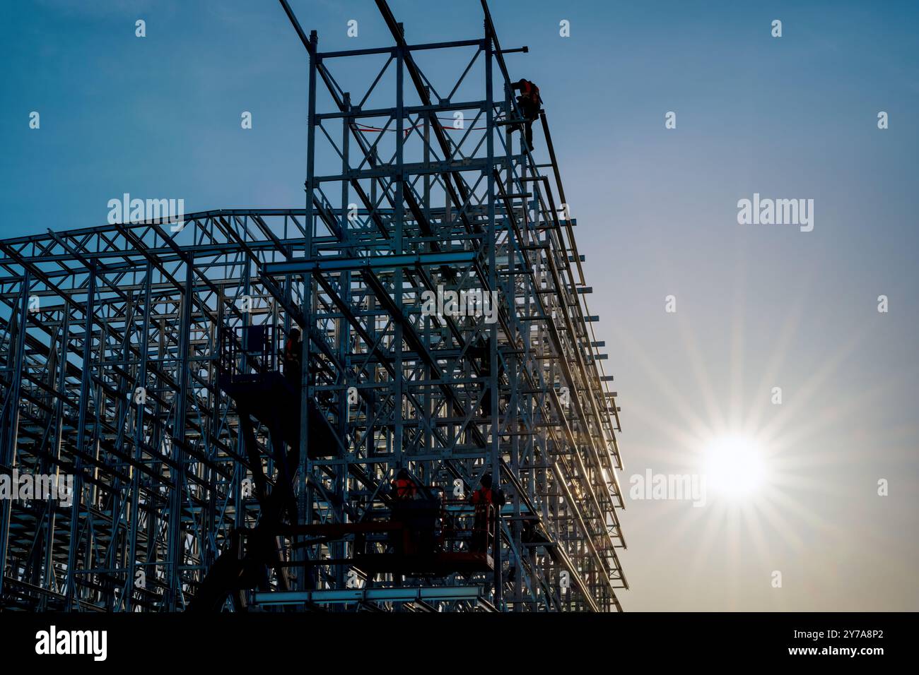 Workers working at height on clad rack structure installing steel ...