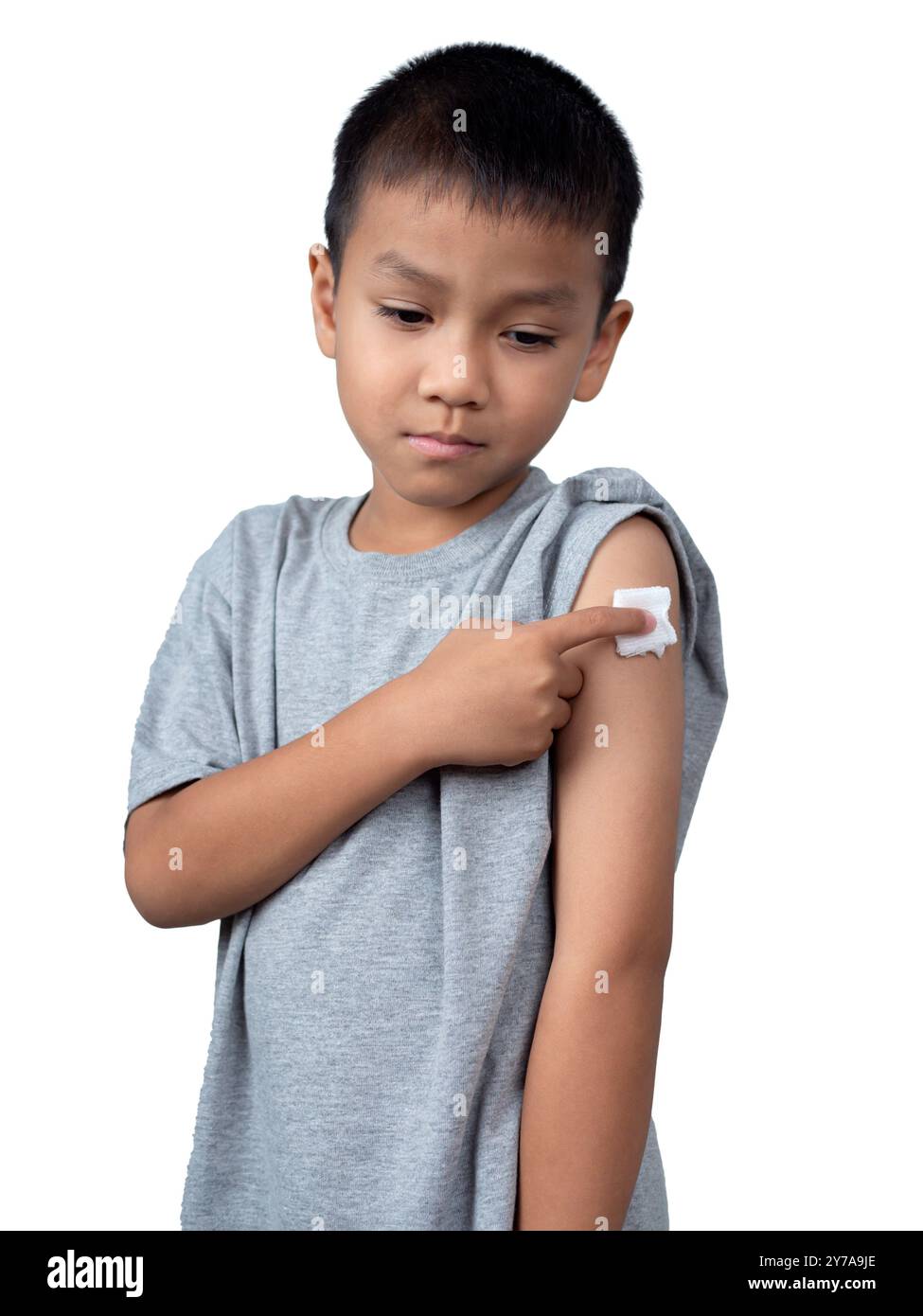 Little asian child boy wearing short-sleeve shirt with bandage plaster ...