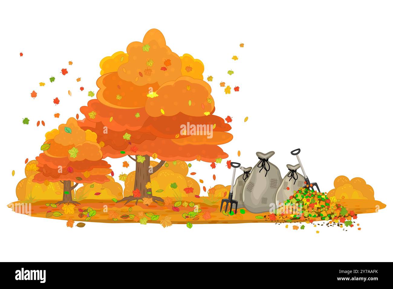 Autumn trees, leaf and full sacks with leaves. Seasonal cleaning garden ...