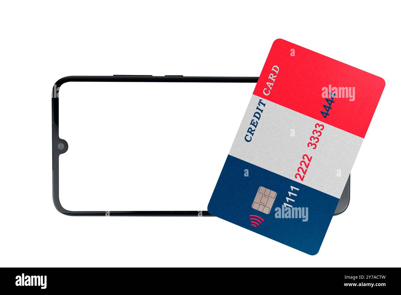 Plastic credit card with france flag image lying on smartphone with ...