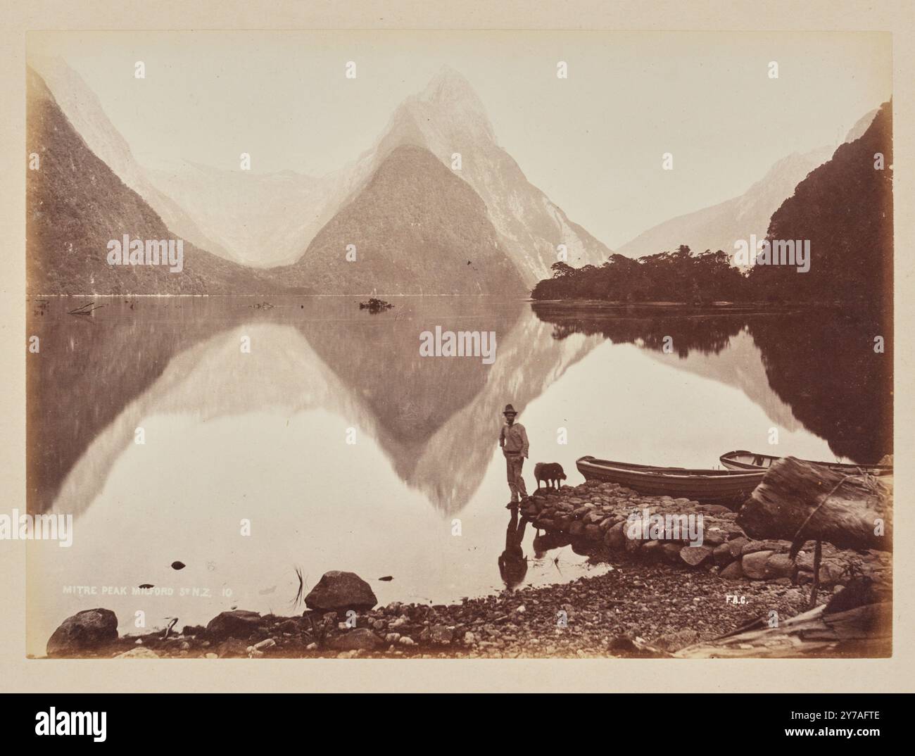 Mitre Peak in Milford Sound, New Zealand. Vintage Historical Archive ...