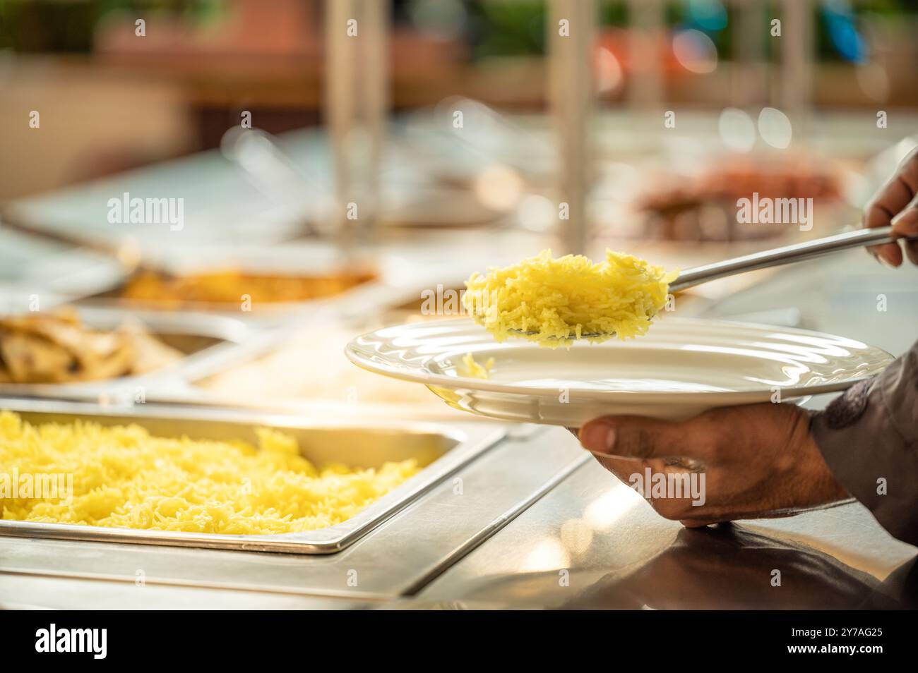 Asian food buffet in restaurant multiple food dishes and salad. Eat as ...