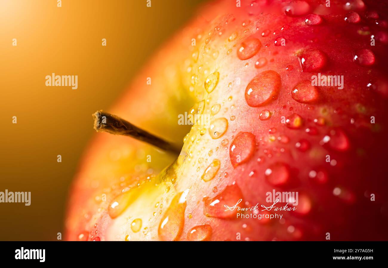 Macro red apple in water drops with blurry background. Copyspace Stock ...