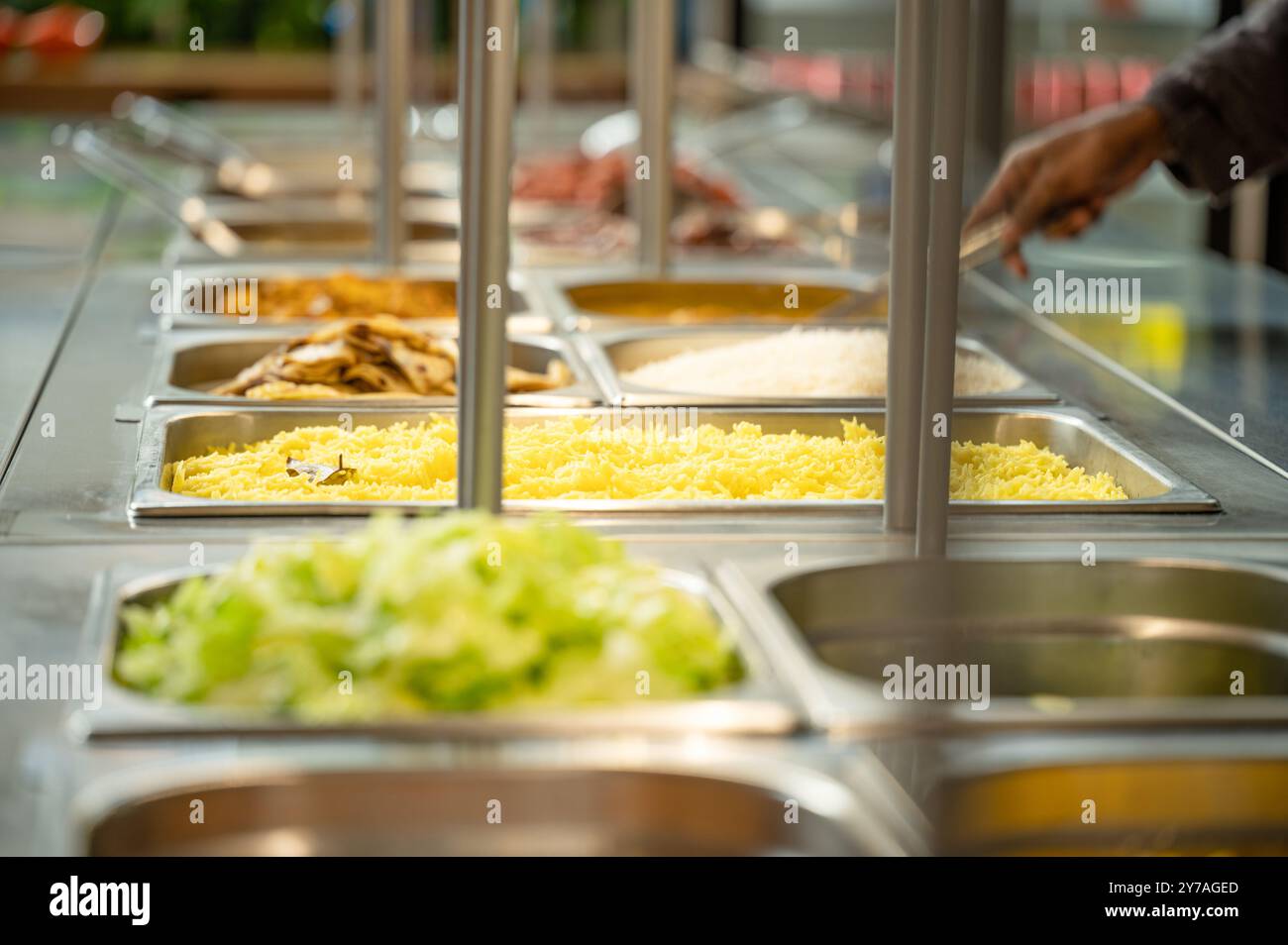 Asian food buffet in restaurant multiple food dishes and salad. Eat as ...