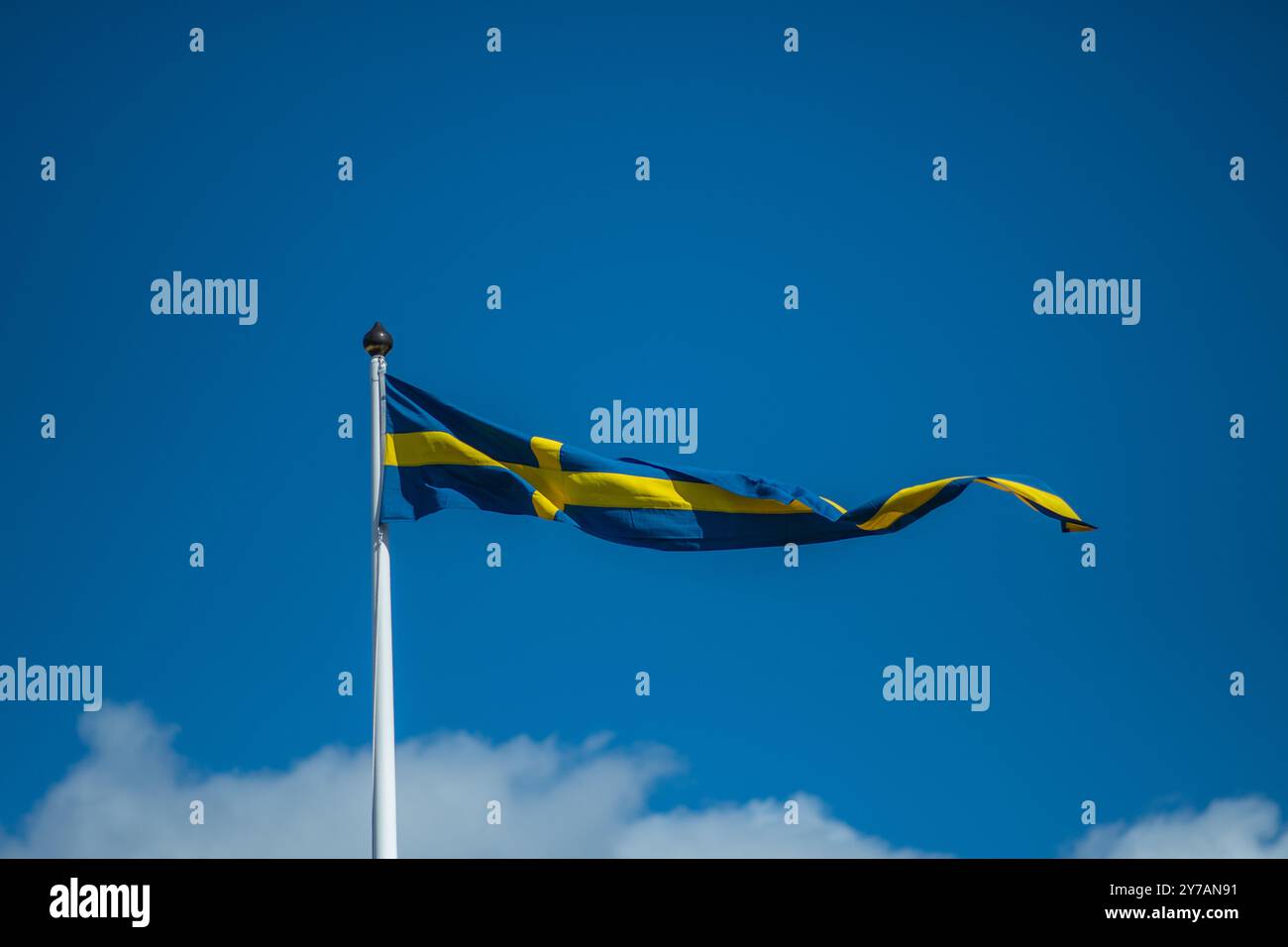 Swedish flags waving with the wind flow under the blue sky for national ...