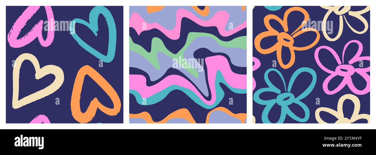 Naive playful seamless pattern set with doodle Hearts, Daisy and Wavy ...